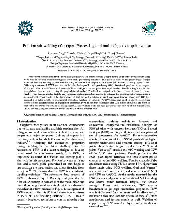 (PDF) Friction stir welding of copper: Processing and multi-objective optimization