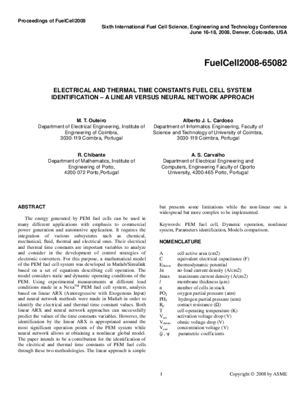 Pdf Electrical And Thermal Time Constants Fuel Cell System Identification A Linear Versus
