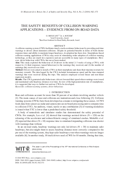 (PDF) The safety benefits of collision warning applications – evidence ...