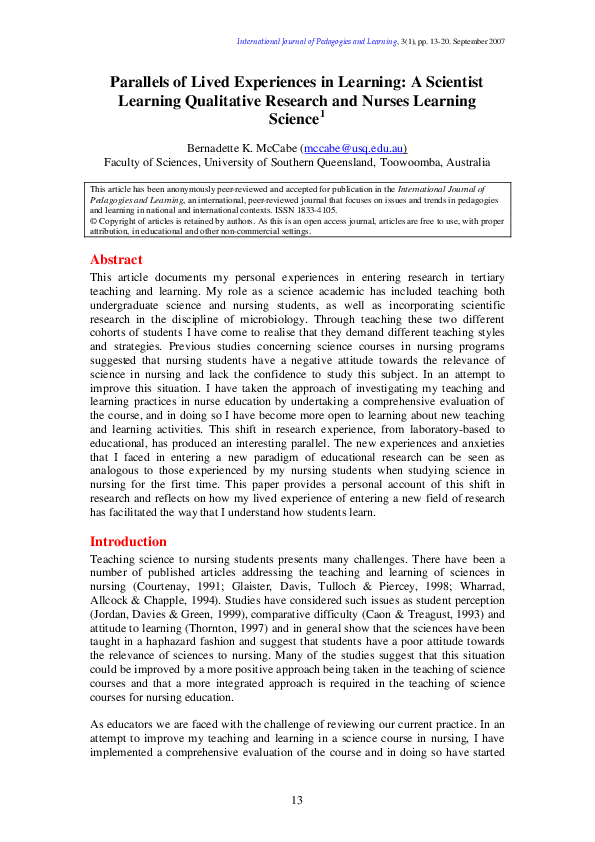 (PDF) Parallels of Lived Experiences in Learning: A Scientist Learning ...