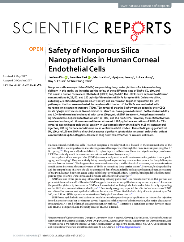 (PDF) Safety of Nonporous Silica Nanoparticles in Human Corneal ...