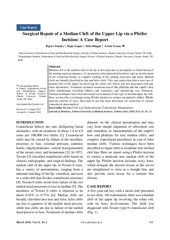 (PDF) Surgical Repair of a Median Cleft of the Upper Lip via a Pfeifer ...