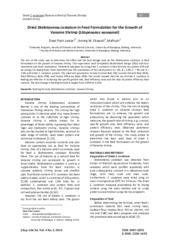 (PDF) Dried Skeletonema costatum in Feed Formulation for the Growth of ...