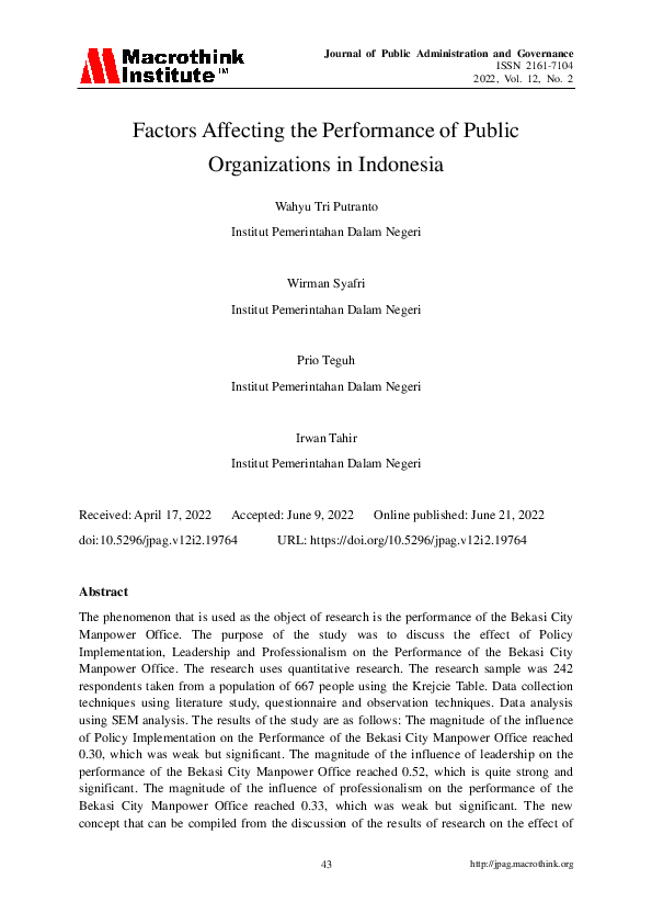 (PDF) Factors Affecting the Performance of Public Organizations in Indonesia