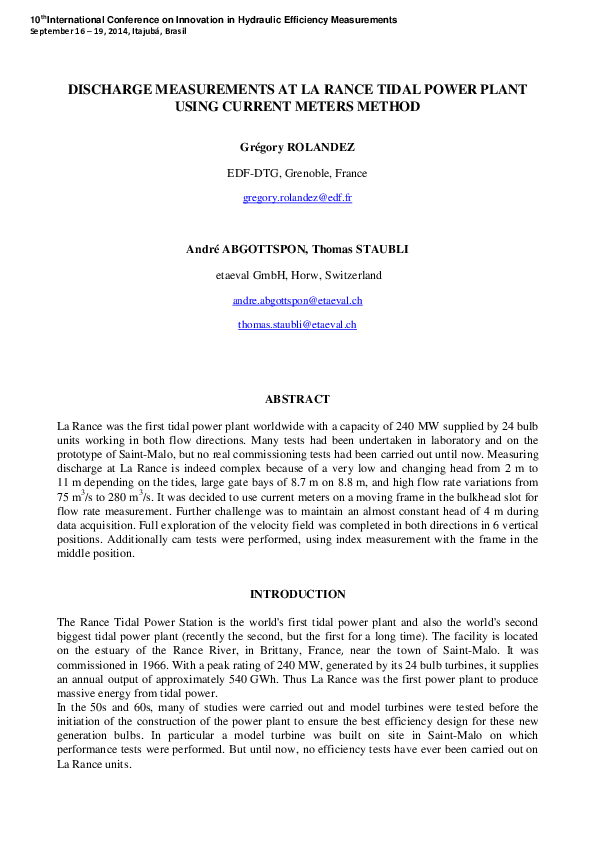 (PDF) Discharge Measurements at La Rance Tidal Power Plant Using ...