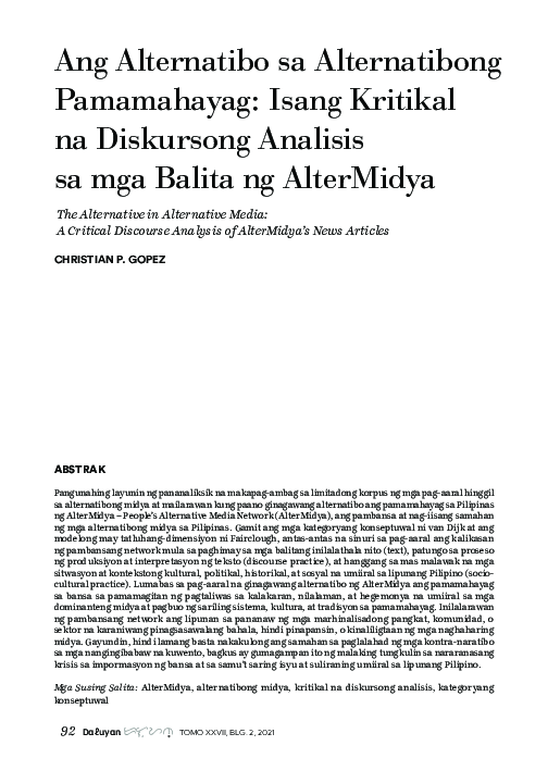 (PDF) Ang Alternatibo sa Alternatibong Pamamahayag: Isang Kritikal na ...