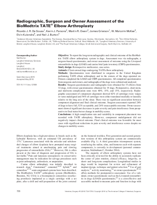 (PDF) Radiographic, Surgeon and Owner Assessment of the BioMedtrix TATE ...
