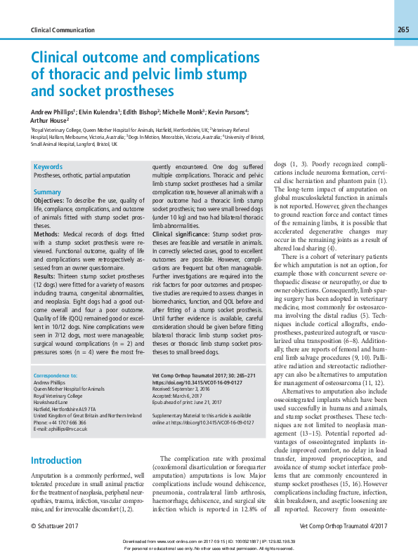 (PDF) Clinical outcome and complications of thoracic and pelvic limb ...