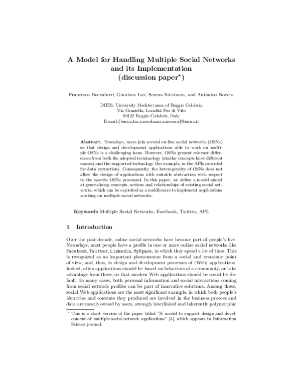 (PDF) A Model for Handling Multiple Social Networks, its Implementation