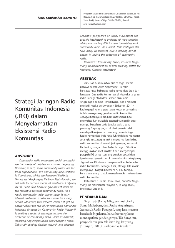 (PDF) Strategi Jaringan Radio Komunitas Indonesia (JRKI) dalam ...