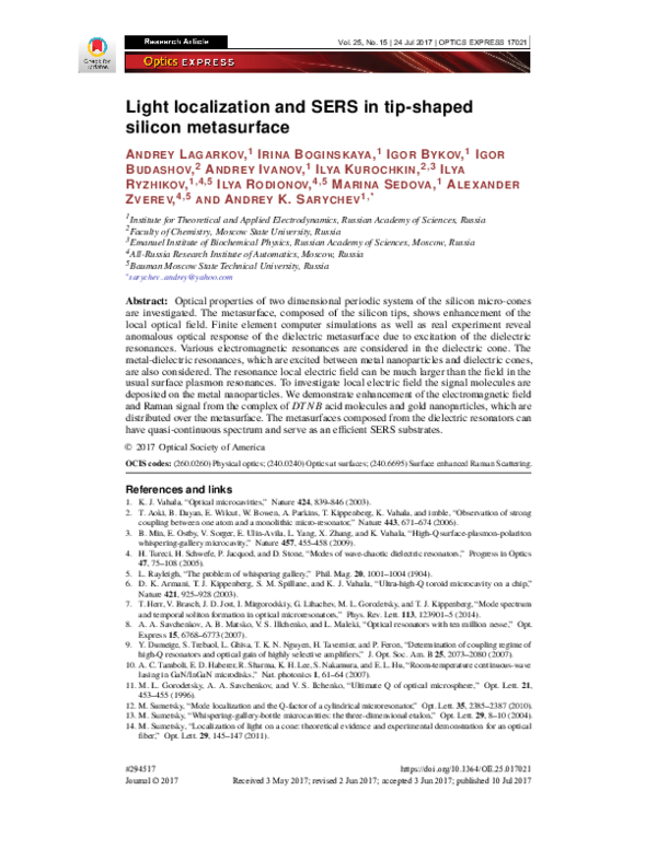 (PDF) Light localization and SERS in tip-shaped silicon metasurface