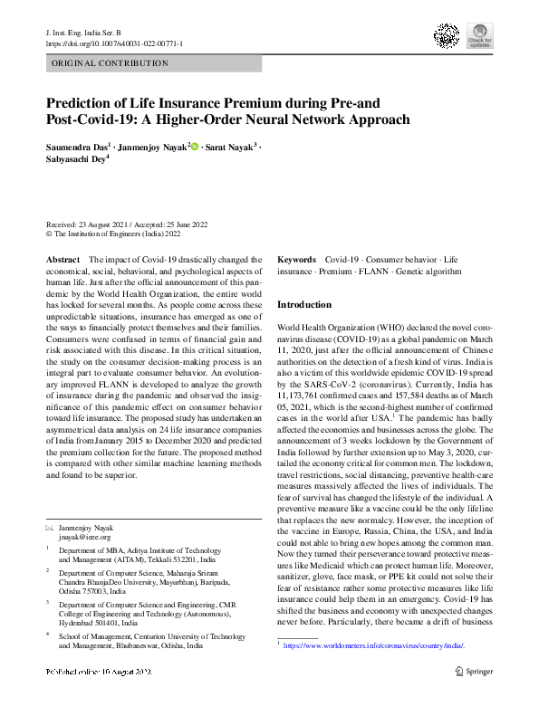 (PDF) Prediction of Life Insurance Premium during Pre-and Post-Covid-19 ...
