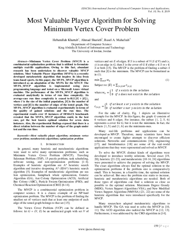 Pdf Most Valuable Player Algorithm For Solving Minimum Vertex Cover