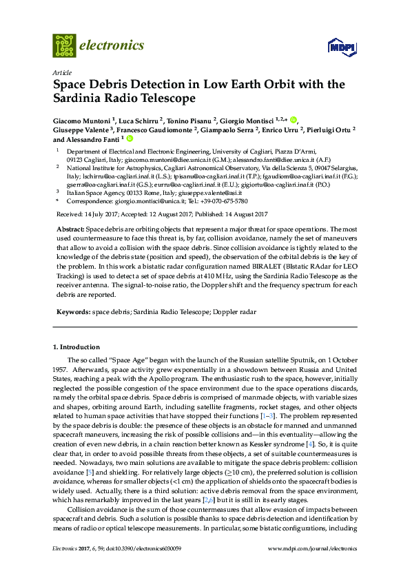 (PDF) Space Debris Detection in Low Earth Orbit with the Sardinia Radio Telescope | Tonino ...