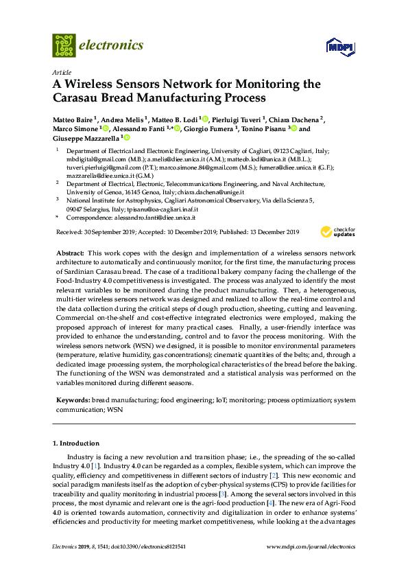 (PDF) A Wireless Sensors Network for Monitoring the Carasau Bread Manufacturing Process