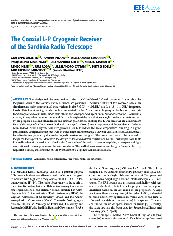 (PDF) The Coaxial L-P Cryogenic Receiver of the Sardinia Radio Telescope