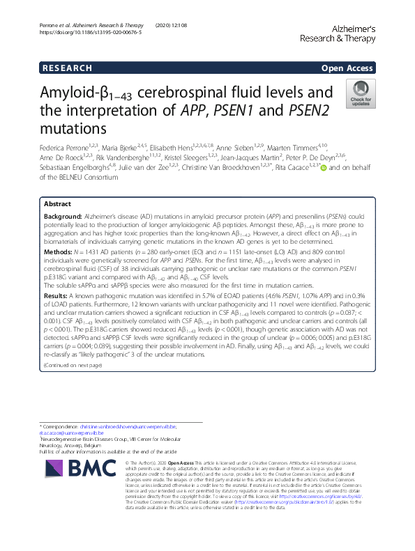 (PDF) Amyloid-β1–43 cerebrospinal fluid levels and the interpretation of APP, PSEN1 and PSEN2 ...