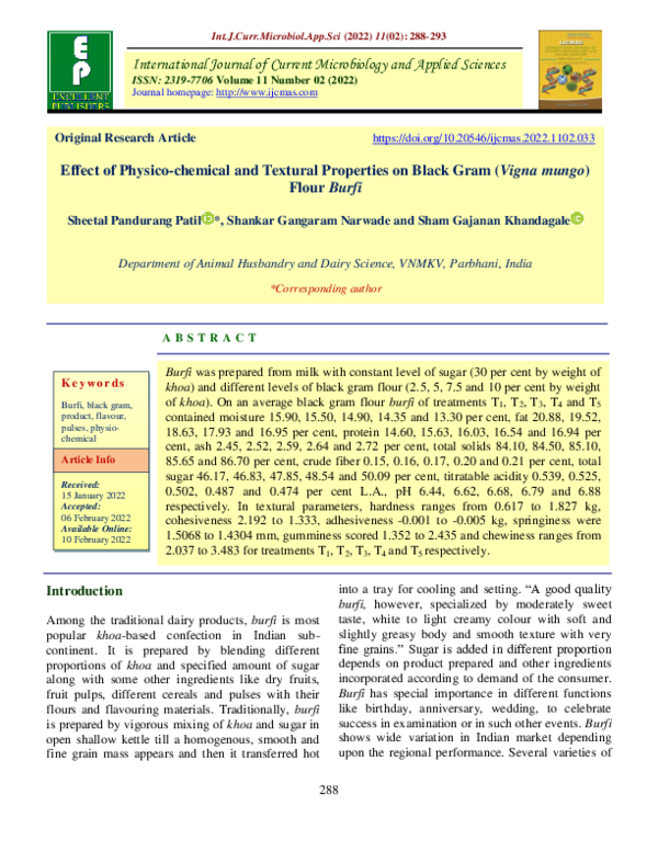 (PDF) Effect of Physico-chemical and Textural Properties on Black Gram (Vigna mungo) Flour Burfi