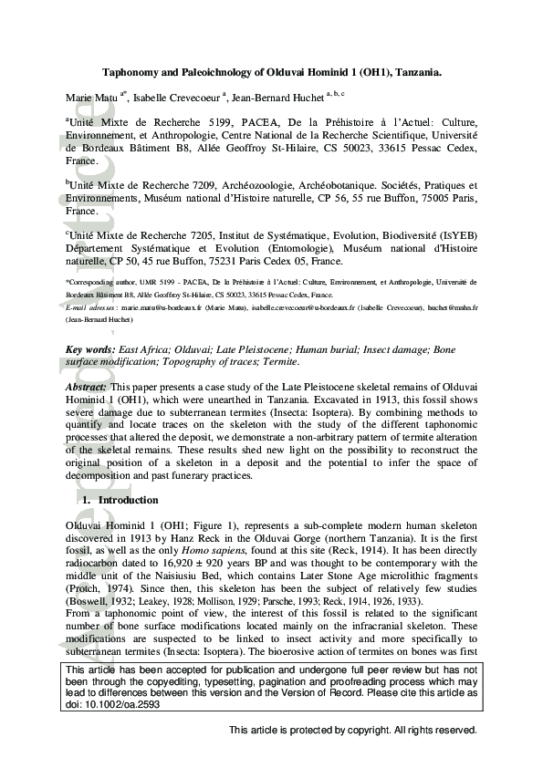 (PDF) Taphonomy and Paleoichnology of Olduvai Hominid 1 (OH1), Tanzania | Isabelle Crevecoeur ...