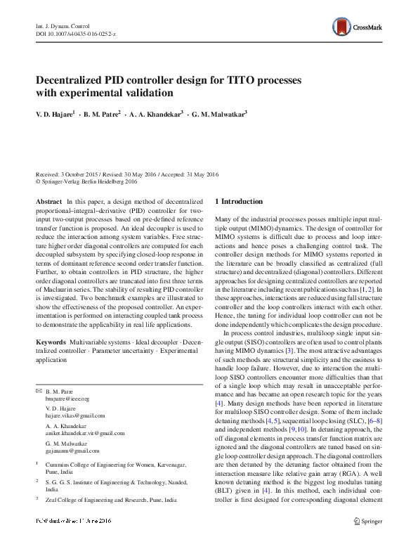 (PDF) Decentralized PID controller design for TITO processes with experimental validation