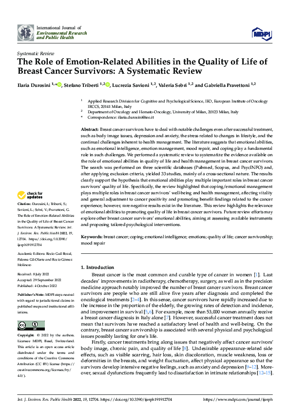 (PDF) The Role of Emotion-Related Abilities in the Quality of Life of Breast Cancer Survivors: A ...