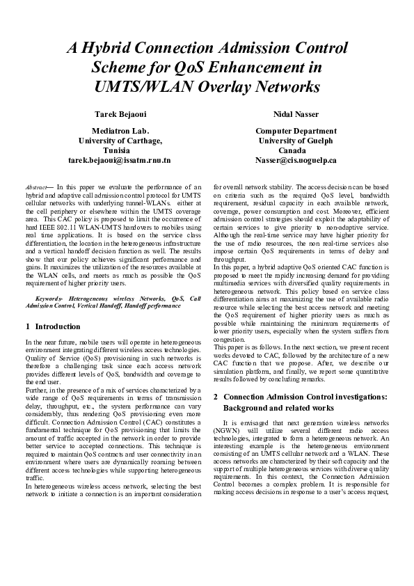 (PDF) A Hybrid Connection Admission Control Scheme for QoS Enhancement in UMTS/WLAN Overlay ...