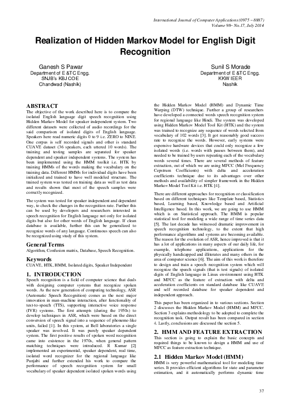 Pdf Realization Of Hidden Markov Model For English Digit Recognition