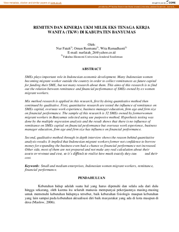 (PDF) Remiten Dan Kinerja Ukm Milik Eks Tenaga Kerja Wanita (TKW) DI Kabupaten Banyumas