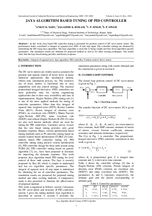 (PDF) Jaya Algorithm Based Tuning of Pid Controller
