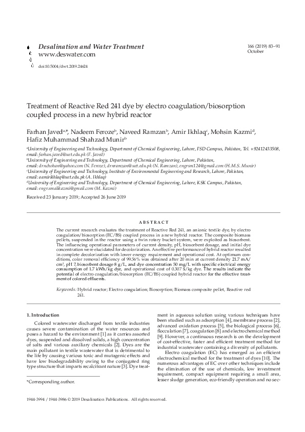 (PDF) Treatment of Reactive Red 241 dye by electrocoagulation ...