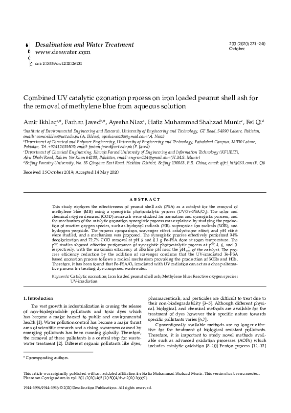 (PDF) Combined UV catalytic ozonation process on iron loaded peanut shell ash for the removal of ...