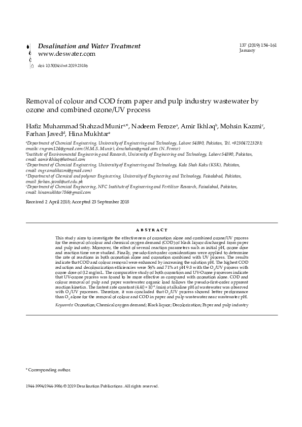 (PDF) Removal of colour and COD from paper and pulp industry wastewater ...