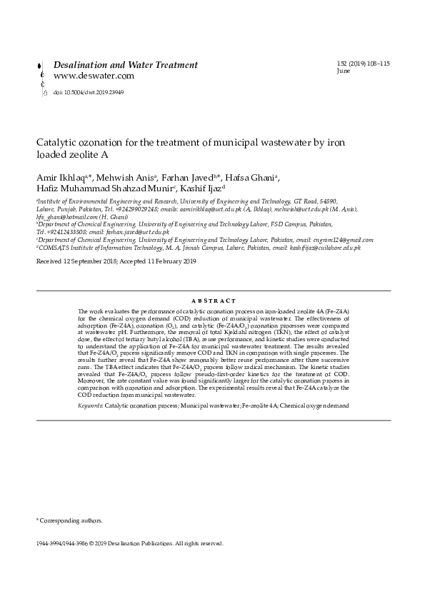 (PDF) Catalytic ozonation for the treatment of municipal wastewater by ...