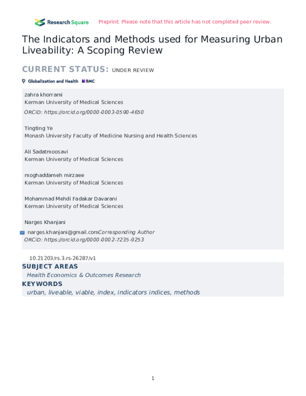 (PDF) The Indicators and Methods used for Measuring Urban Liveability: A Scoping Review