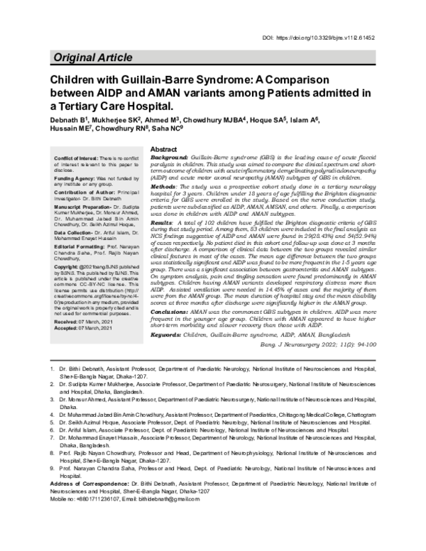 (PDF) AIDP vs AMAN in Pediatric Guillain-Barre Syndrome Outcomes