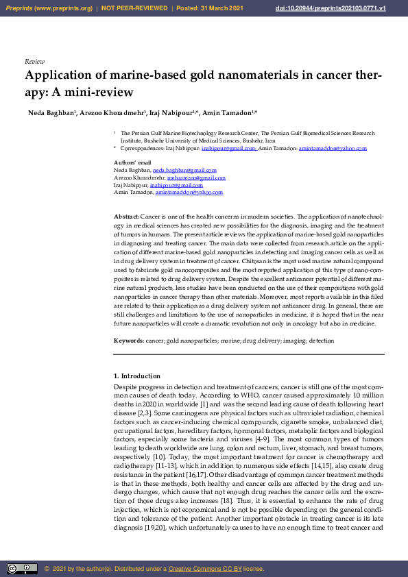 (PDF) Application of Marine-Based Gold Nanomaterials in Cancer Therapy: A Mini-Review