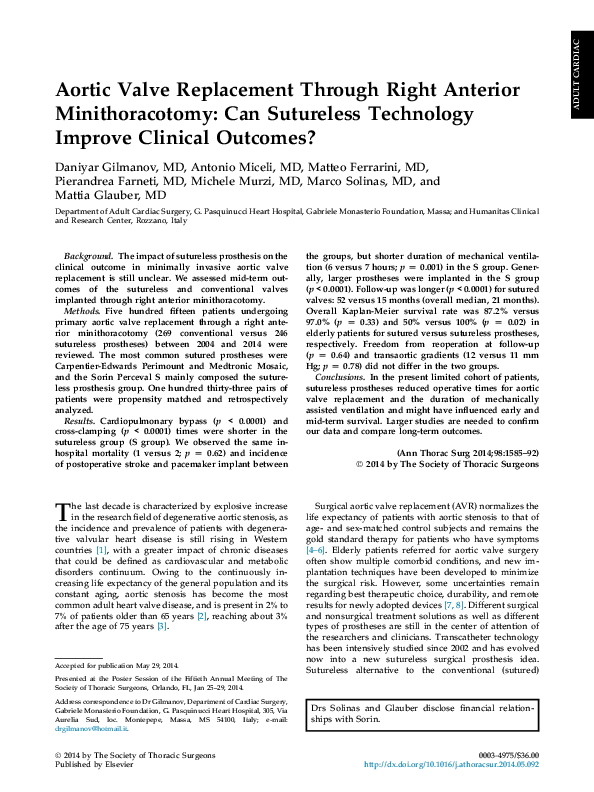 (PDF) Aortic Valve Replacement Through Right Anterior Minithoracotomy: Can Sutureless Technology ...