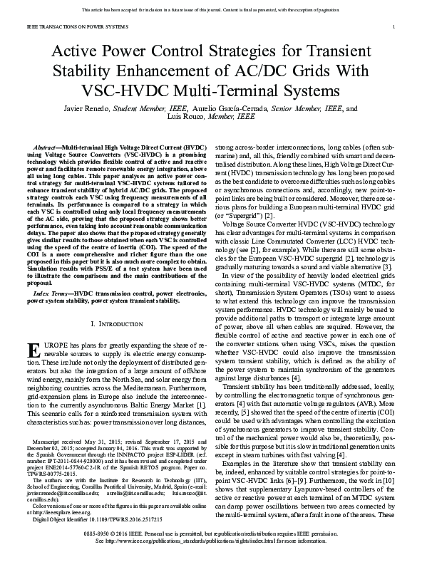 (PDF) Active Power Control Strategies for Transient Stability ...