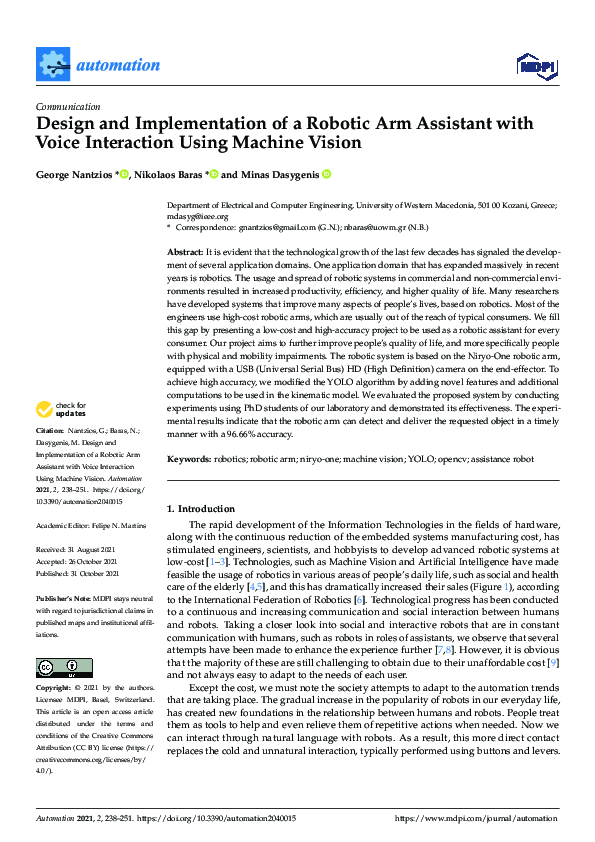(PDF) Design and Implementation of a Robotic Arm Assistant with Voice Interaction Using Machine ...