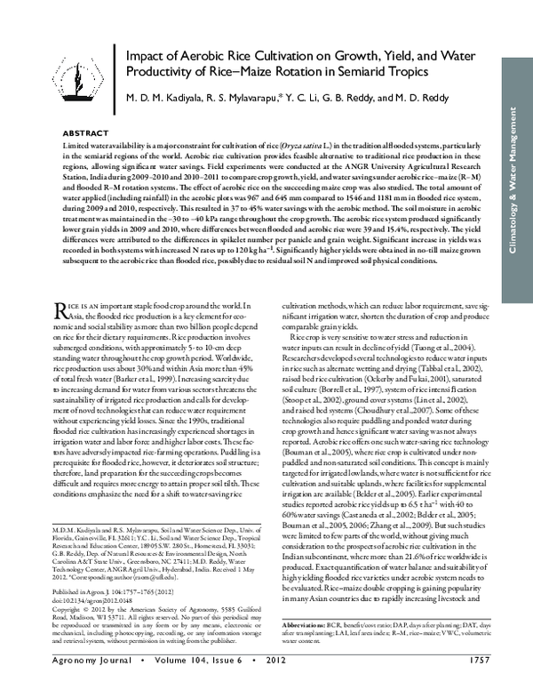 (PDF) Impact of Aerobic Rice Cultivation on Growth, Yield, and Water ...