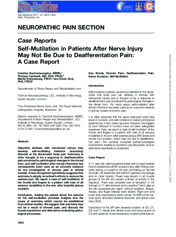 (PDF) Self-Mutilation in Patients After Nerve Injury May Not Be Due to ...