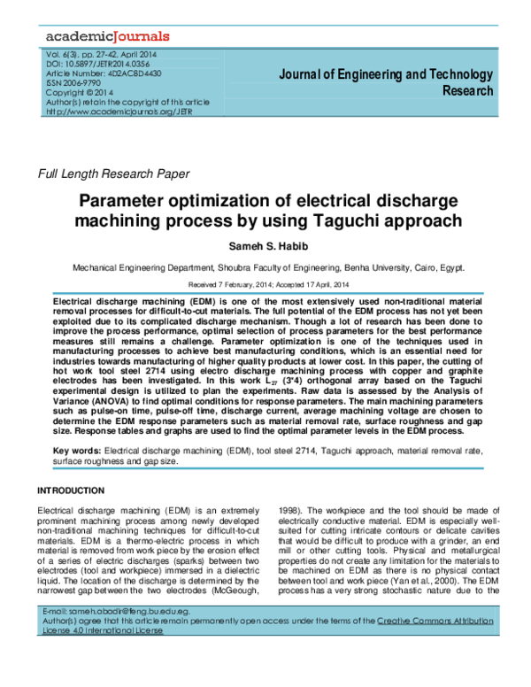 (PDF) Parameter optimization of electrical discharge machining process by using Taguchi approach