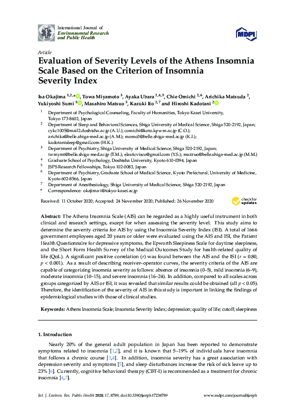 (PDF) Evaluation of Severity Levels of the Athens Insomnia Scale Based ...