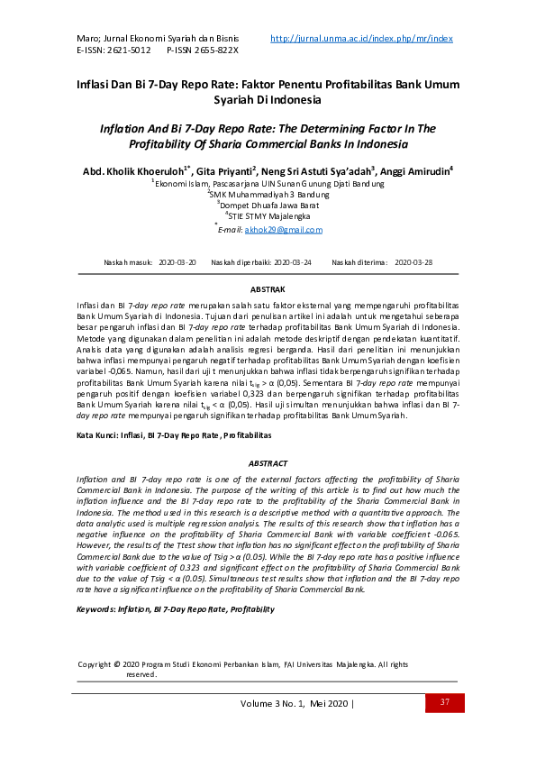 (PDF) Inflasi dan BI 7-Day Repo Rate: Faktor Penentu Profitabilitas Bank Umum Syariah di Indonesia