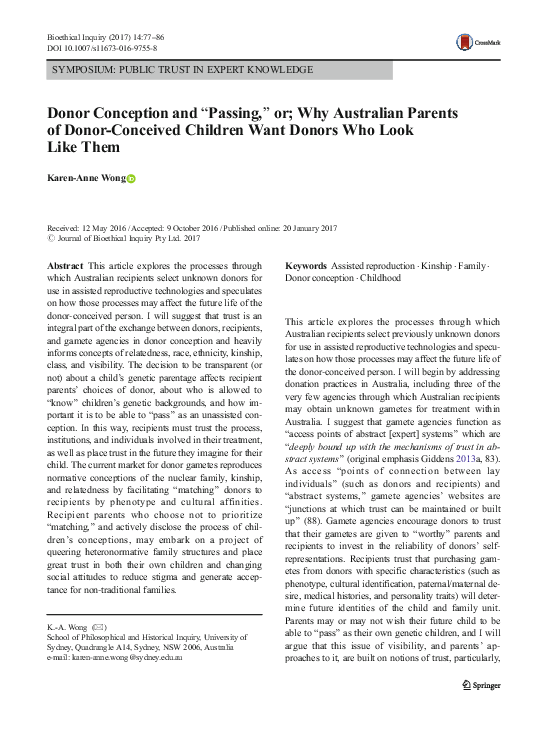 (PDF) Donor Conception and “Passing,” or; Why Australian Parents of Donor-Conceived Children ...