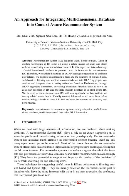 Pdf An Approach For Integrating Multidimensional Database Into Context Aware Recommender System