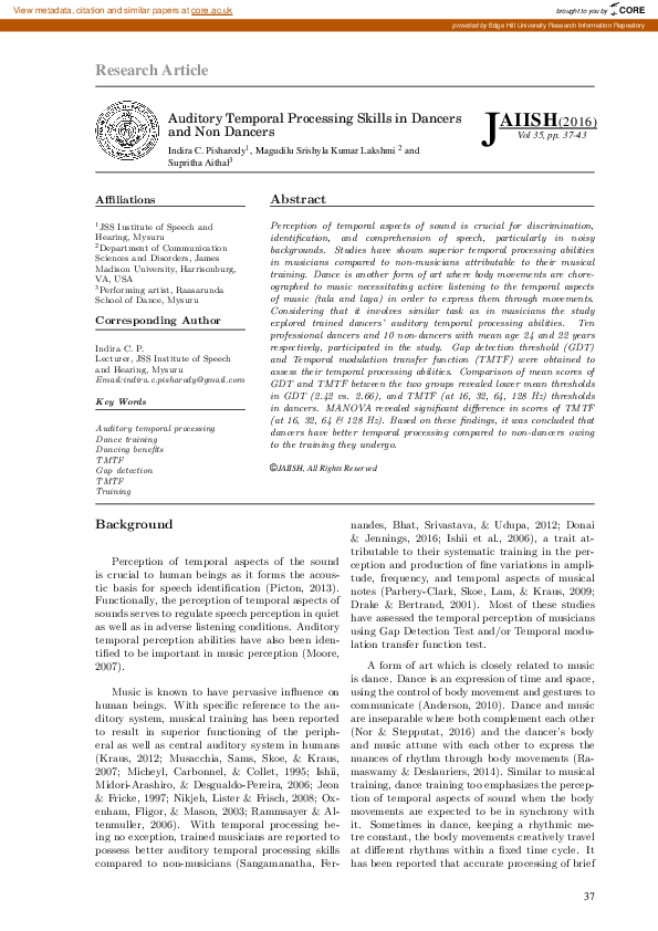 (PDF) Auditory Temporal Processing Skills in Dancers and Non-Dancers