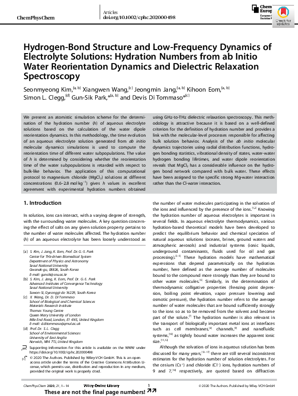 (PDF) Hydrogen‐Bond Structure and Low‐Frequency Dynamics of Electrolyte Solutions: Hydration ...