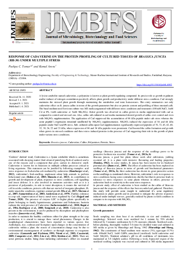 (PDF) Response of Cadaverine on the Protein Profiling of Cultured ...