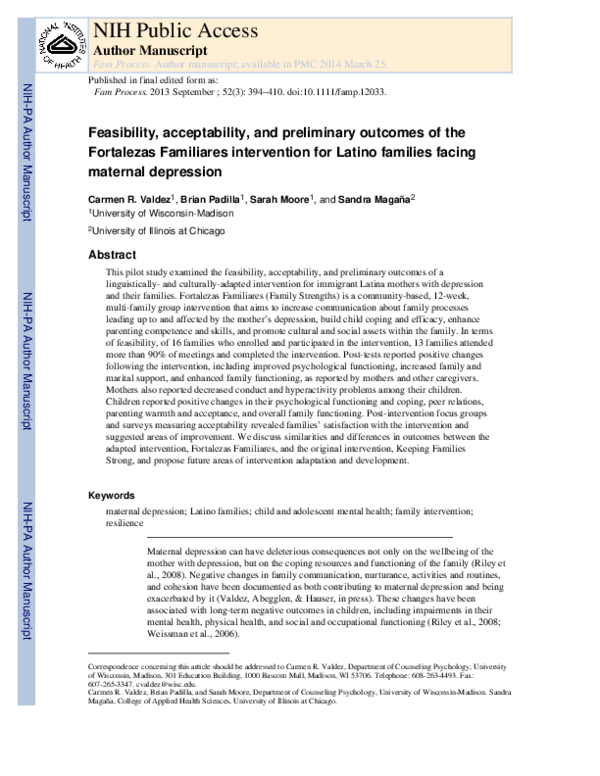 (PDF) Feasibility, Acceptability, and Preliminary Outcomes of the Fortalezas Familiares ...